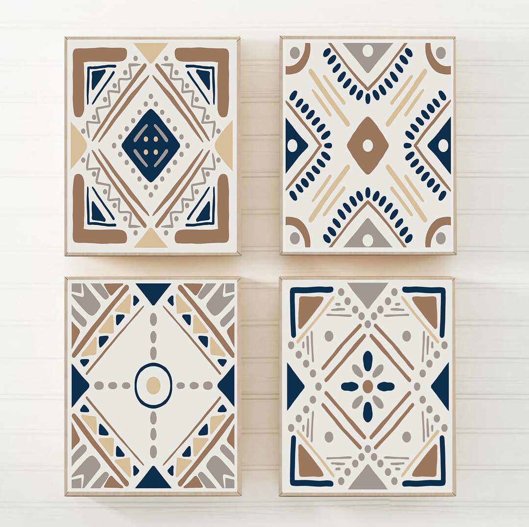 Spanish Tile Wall Art Aztec Design Wall Decor Navy Beige Bedroom Art ...
