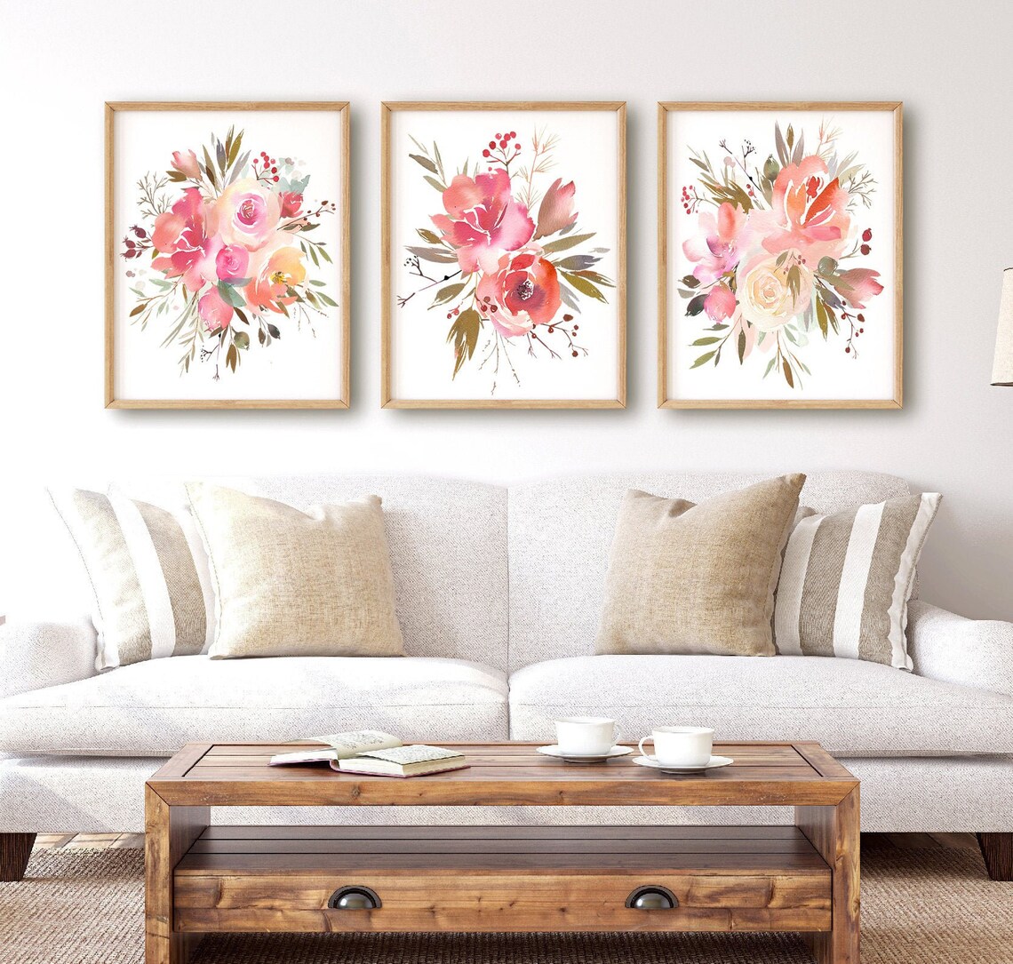 Watercolor Flower Wall Art Pink Coral Flower Art Prints or | Etsy