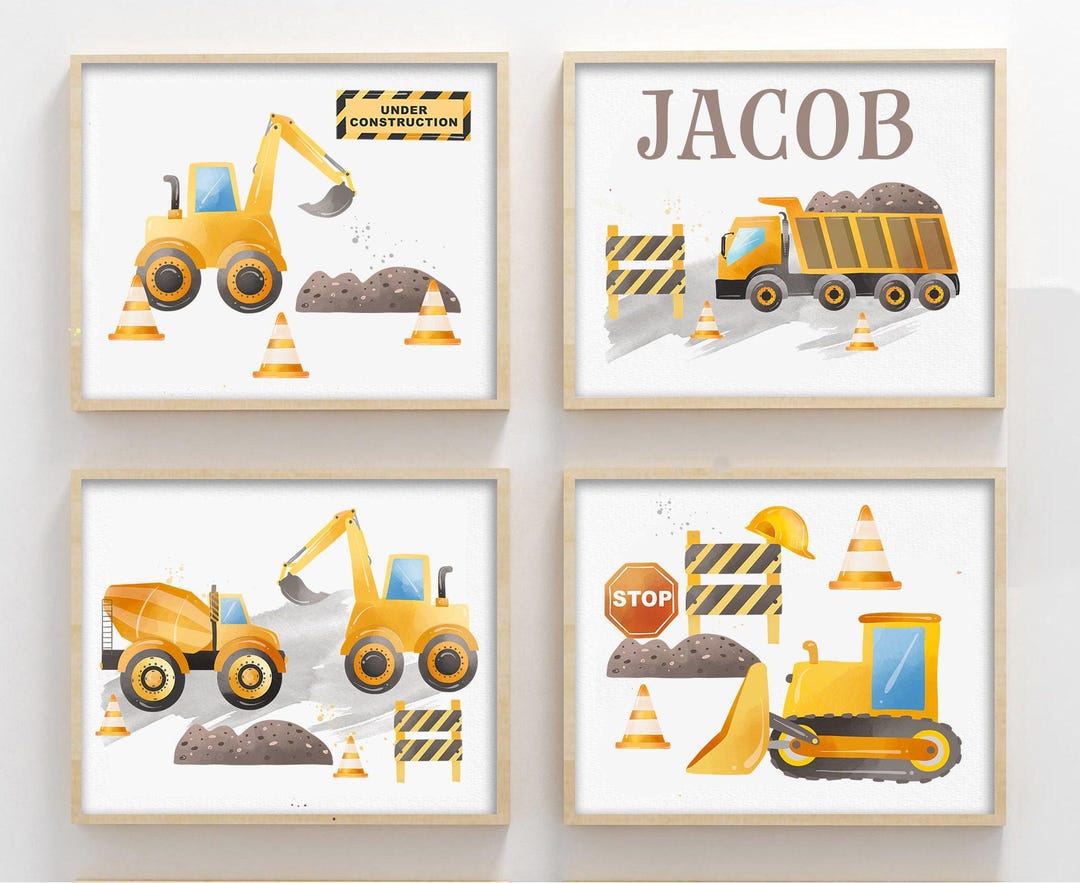 Personalized Construction Trucks Wall Decor Set of 4 - Framed, Canvas ...
