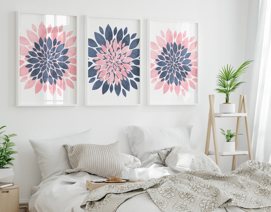 Navy Pink Flower Art Prints, Framed Pink Navy Blue Bedroom Wall Decor ...
