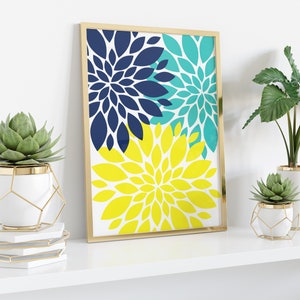 Navy Yellow Aqua Flower Wall Art - Flower Burst Dahlia Petal Prints ...