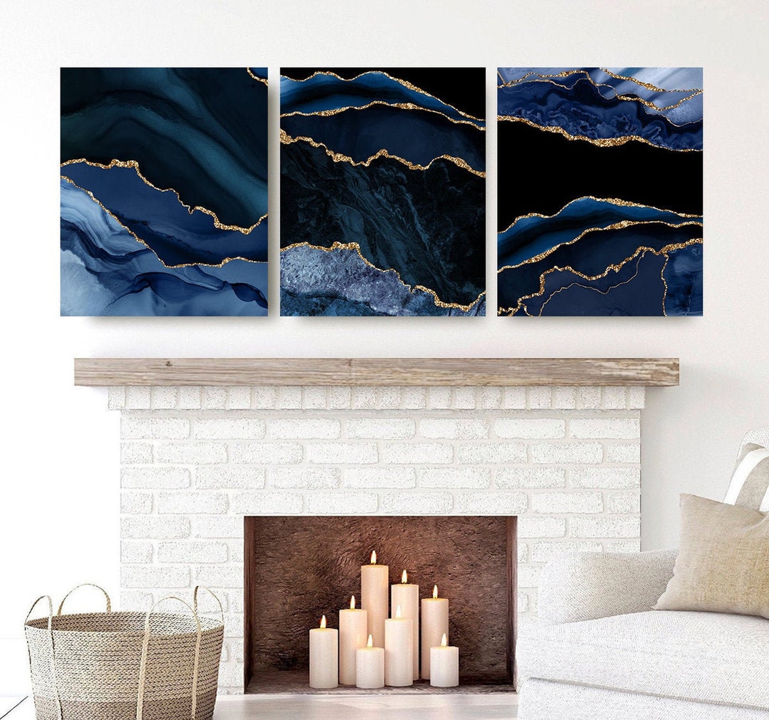 Navy Agate Geode Wall Art, Navy Gold Abstract Prints, Canvas Navy Gold ...