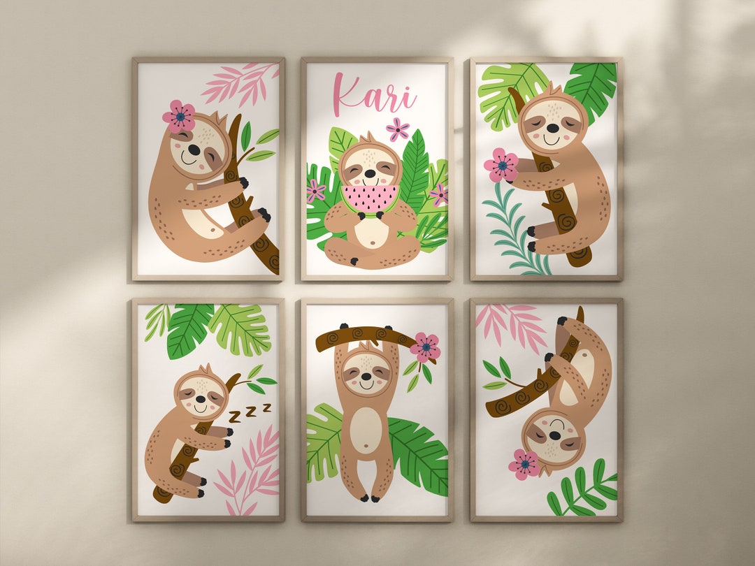 Cute Sloth Wall Art Girl Personalized Sloth Prints Girl Pink Sloth Baby ...