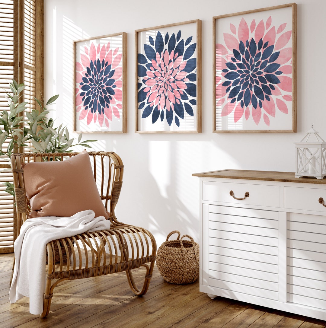 Navy Pink Flower Wall Decor - Flower Art - Pink Navy Blue Bedroom ...