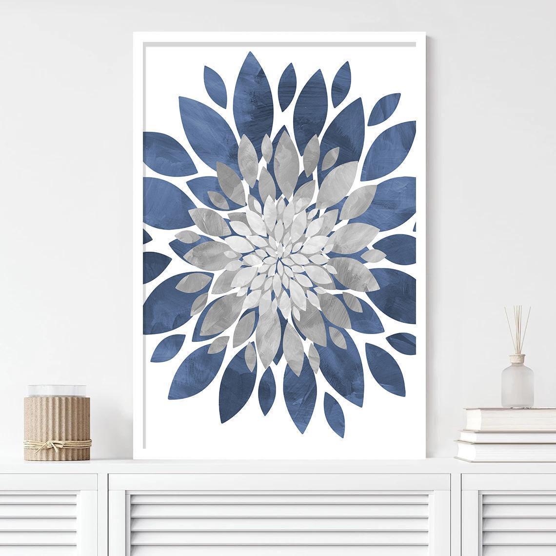 Gray Blue Flower Wall Art - Flower Dahlia Petal - Gray Blue Bedroom ...