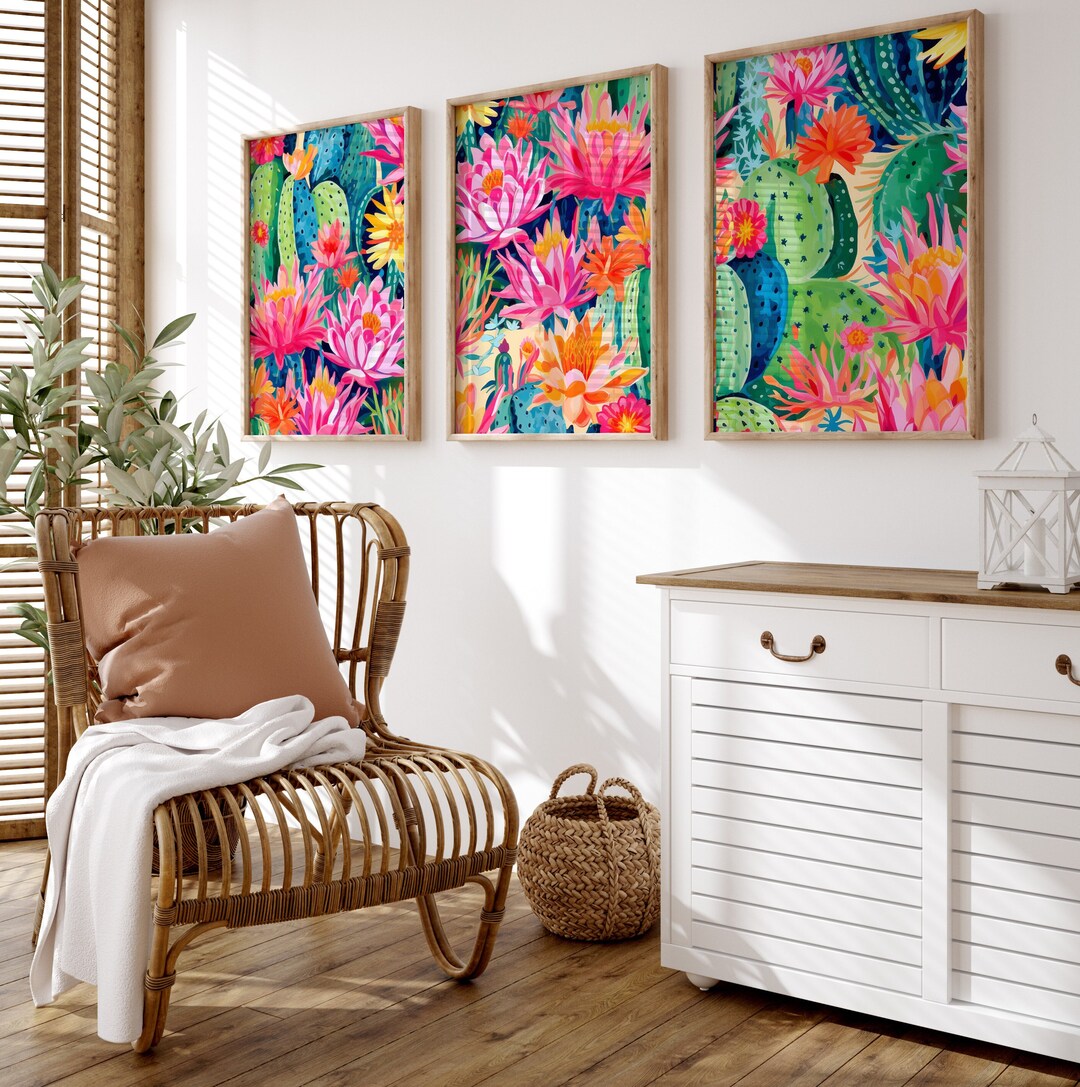 Preppy Cactus Flower Wall Art - Bright Floral Cactus Artwork Print ...