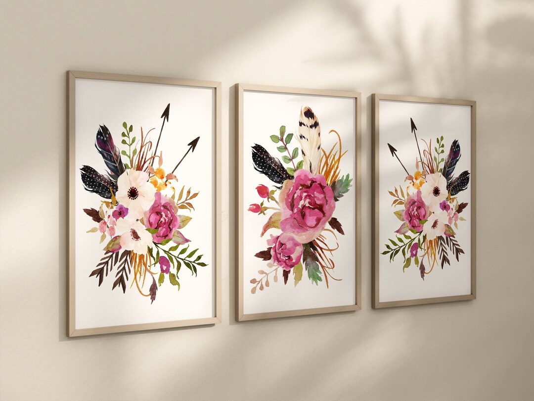 BOHO FLOWER Wall Art, Boho FEATHER Arrows Flower Nursery Artwork Prints ...