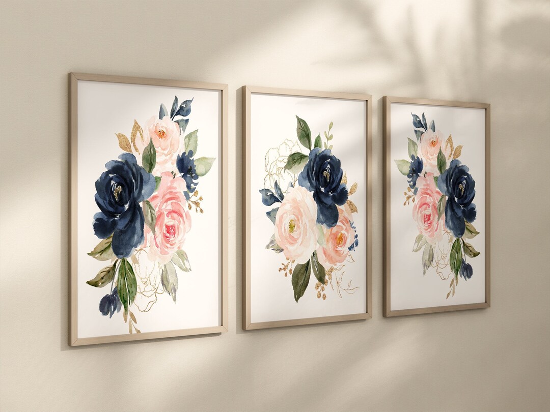 Navy Pink Flower Wall Decor - Watercolor Navy Pink Flower Wall Art ...