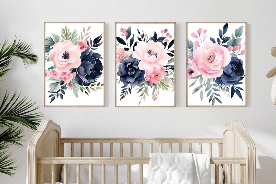 Navy Pink Flower Wall Art - Watercolor Flower Navy Pink Nursery Art ...