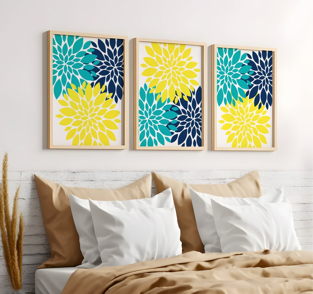 Navy Yellow Aqua Flower Wall Art - Flower Burst Dahlia Petal Prints ...