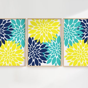 Navy Yellow Aqua Flower Wall Art - Flower Burst Dahlia Petal Prints ...