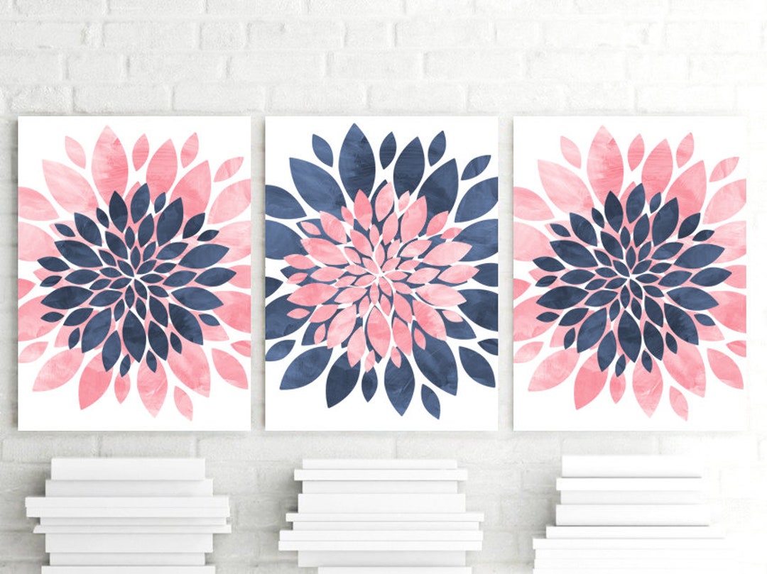 Navy Pink Flower Wall Decor Flower Art Prints Framed Pink Navy Blue ...