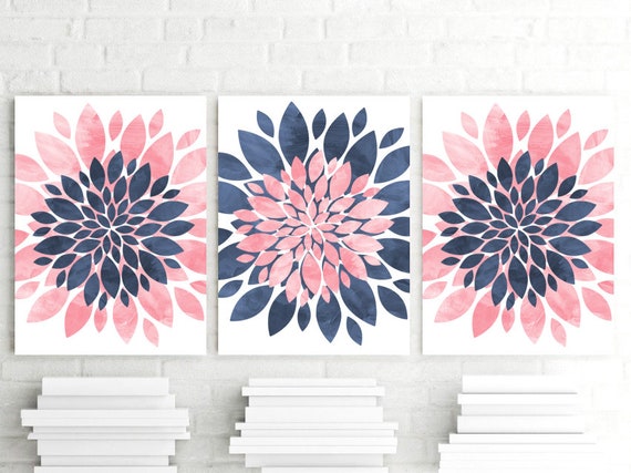 Navy Pink Flower Wall Decor Flower Art Prints or Canvas Set - Etsy