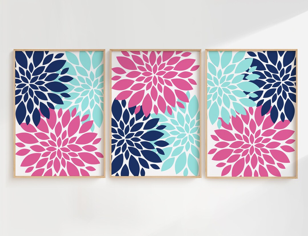 Navy Pink Aqua Flower Wall Art - Flower Burst Dahlia Petal Prints ...