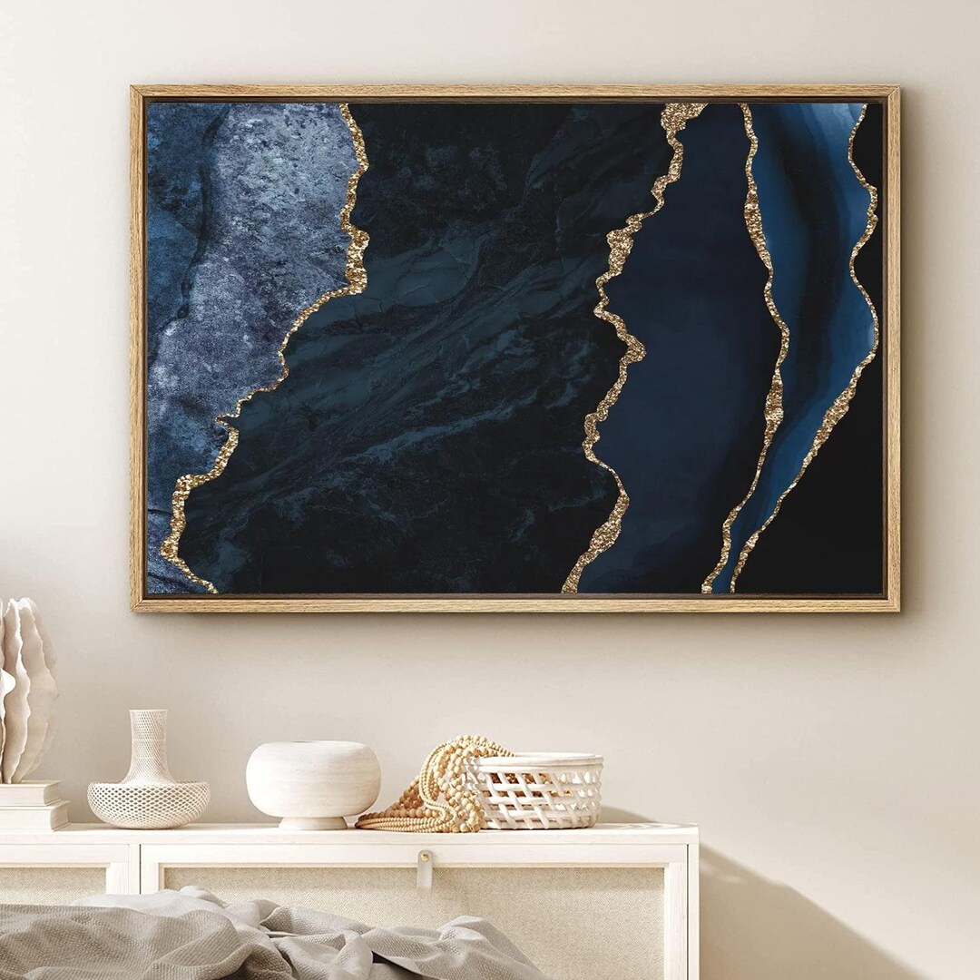 Navy Gold Abstract Wall Decor - Navy Gold Agate Wall Art Print - Modern ...