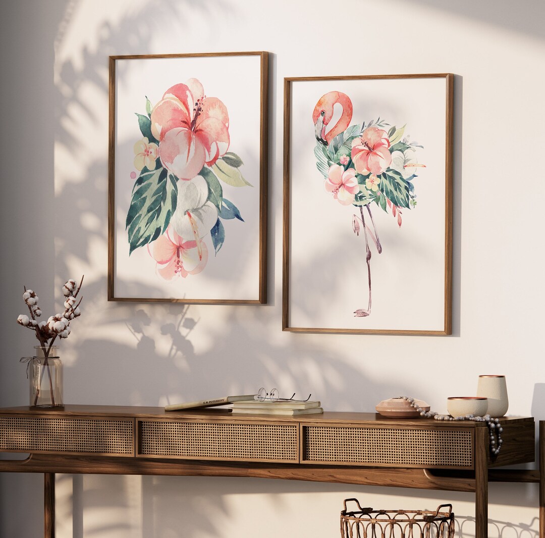 Flamingo Wall Decor - Floral Flamingo Print - Framed Flamingo Artwork ...