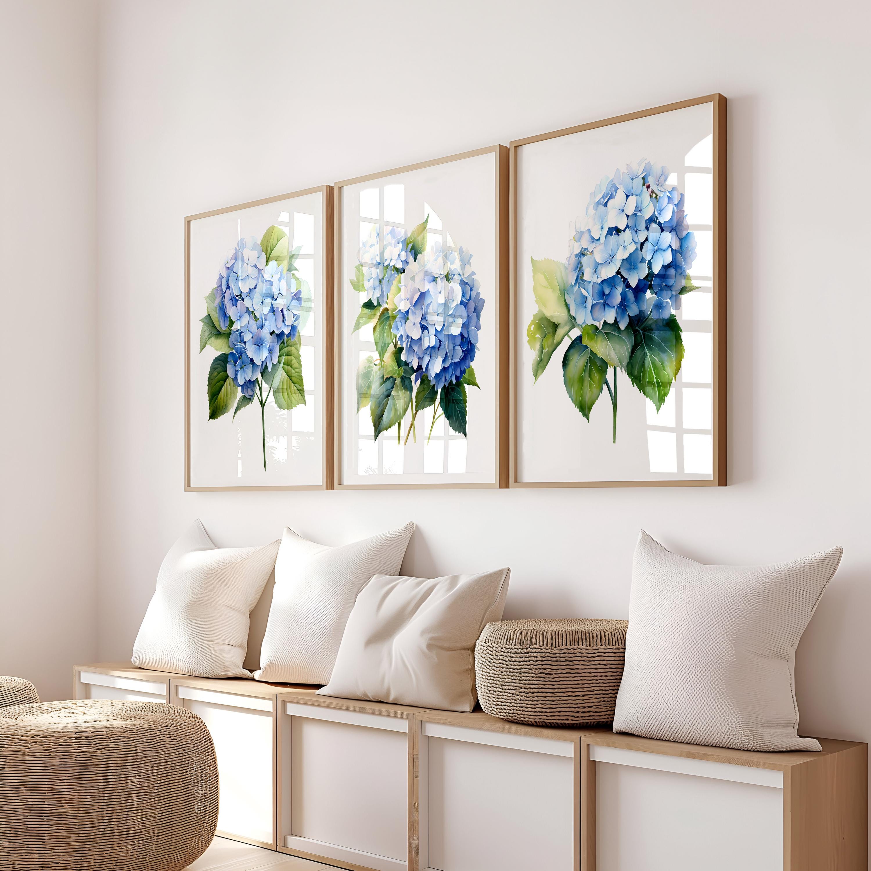Watercolor Blue Hydrangea Wall Art - Blue Floral Artwork Set of 3 ...