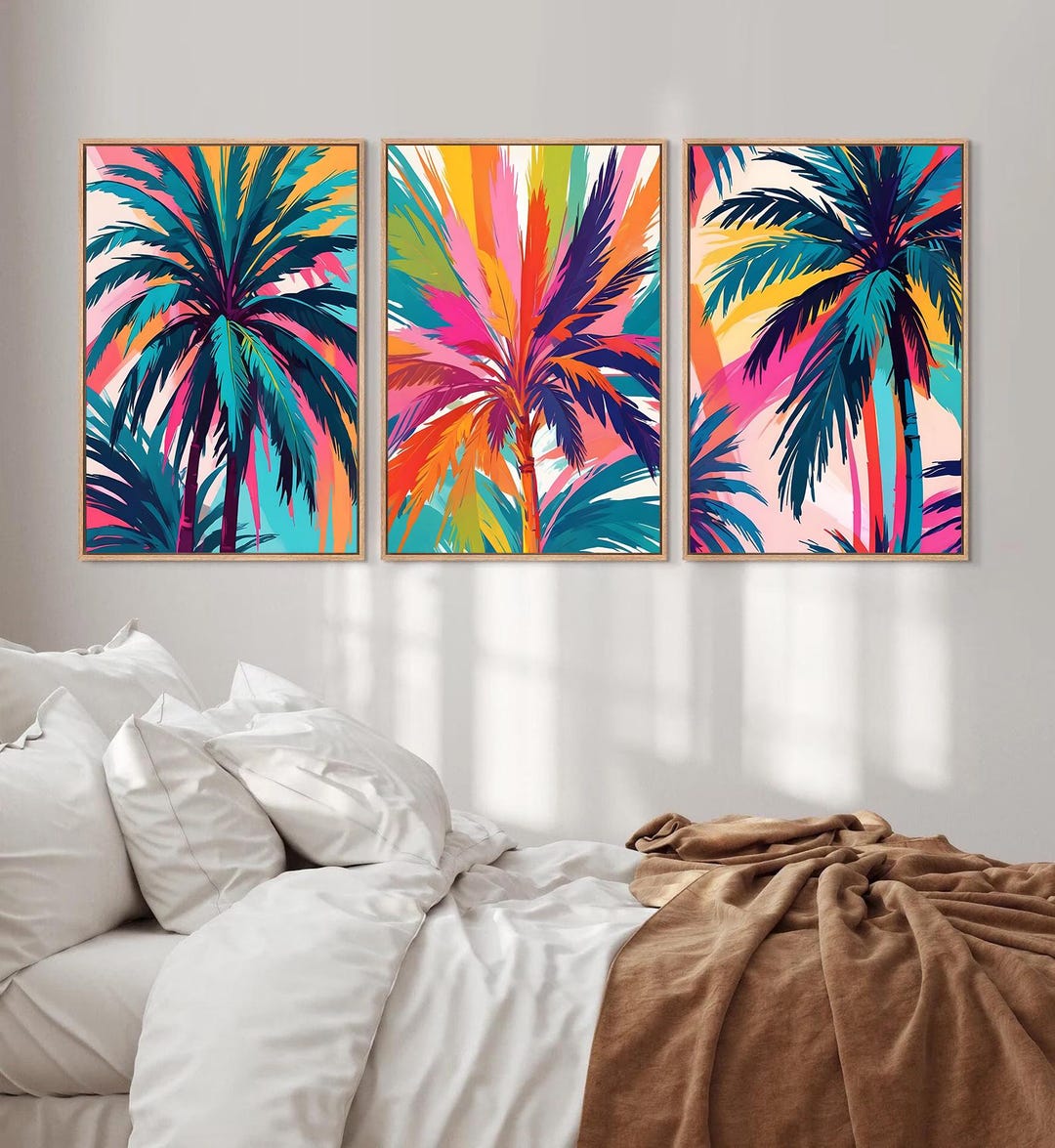 Abstract Palm Tree Art Set: Bright Tropical Wall Decor Set of 3 ...