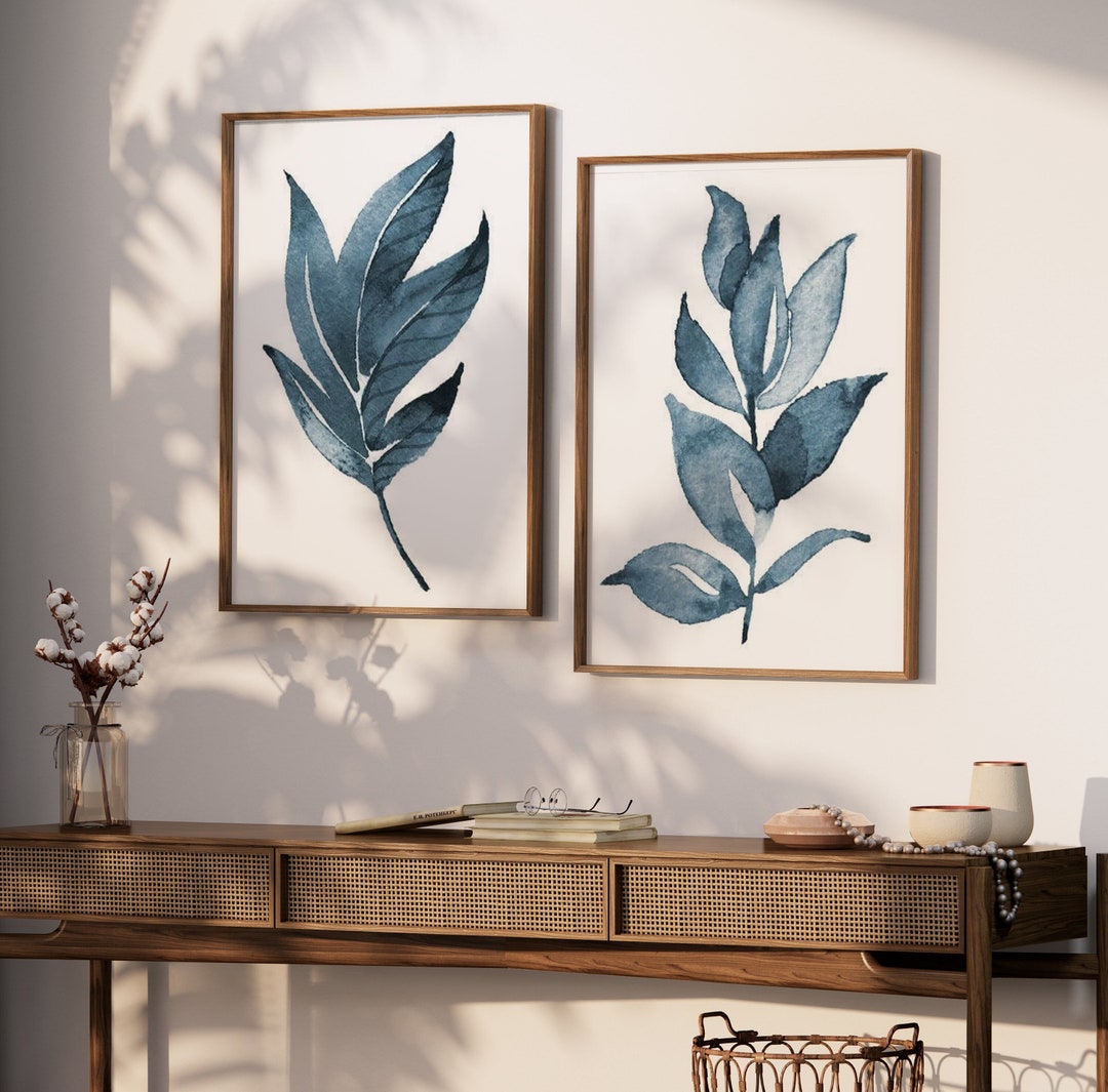 Navy Blue Leaf Wall Art Minimalist Leaves Art Prints Framed Leaf ...