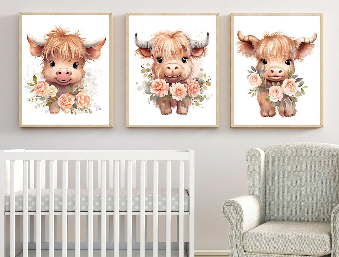 Highland Cow Nursery Wall Art: Farm Animal Decor, Set of 3 - Framed ...