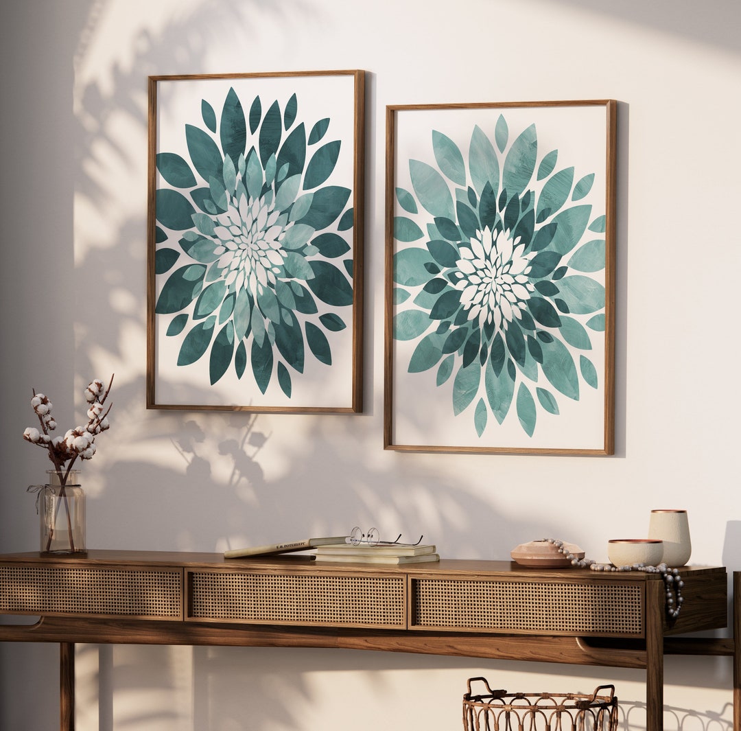 Teal Flower Wall Art Watercolor Teal Floral Prints Framed Watercolor ...