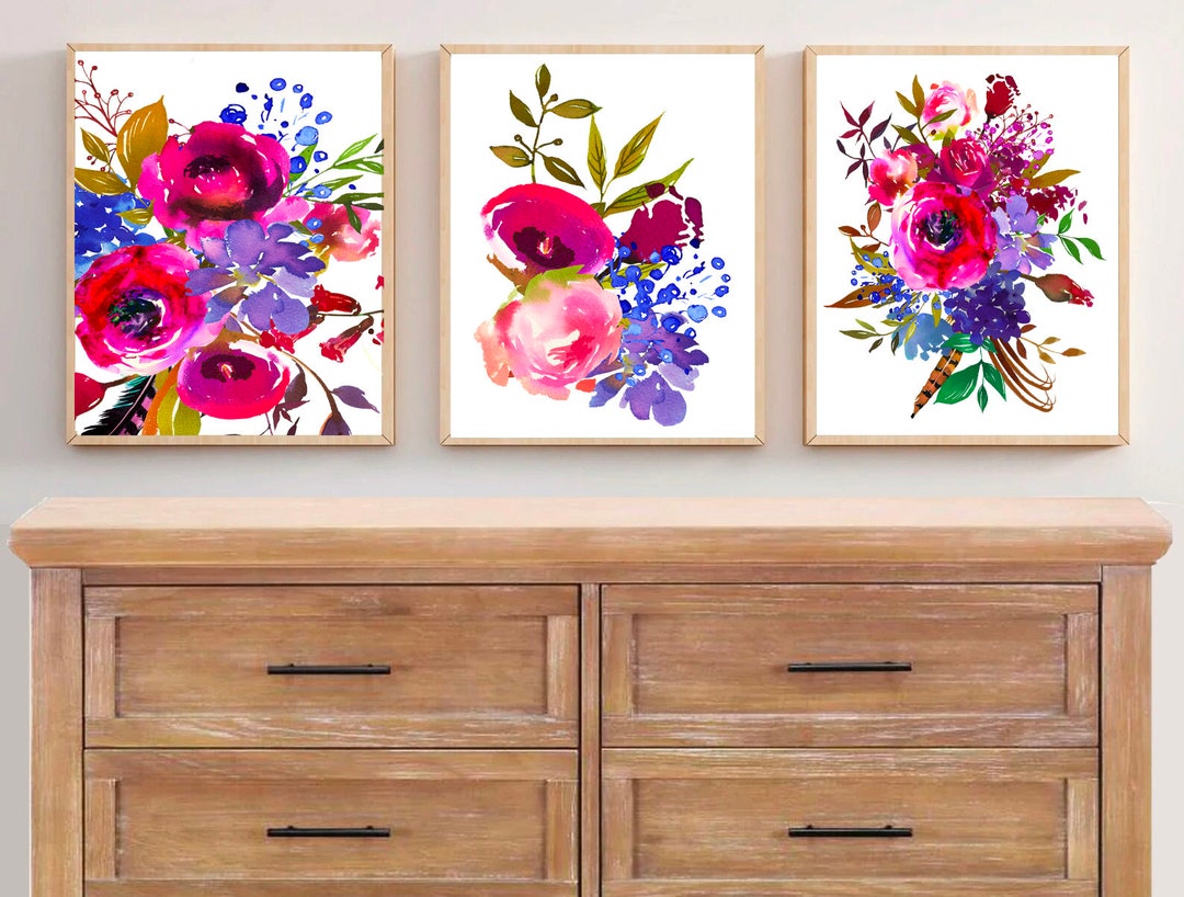 Bold Floral Wall Art Bright Flower Wall Art Prints Framed Watercolor ...