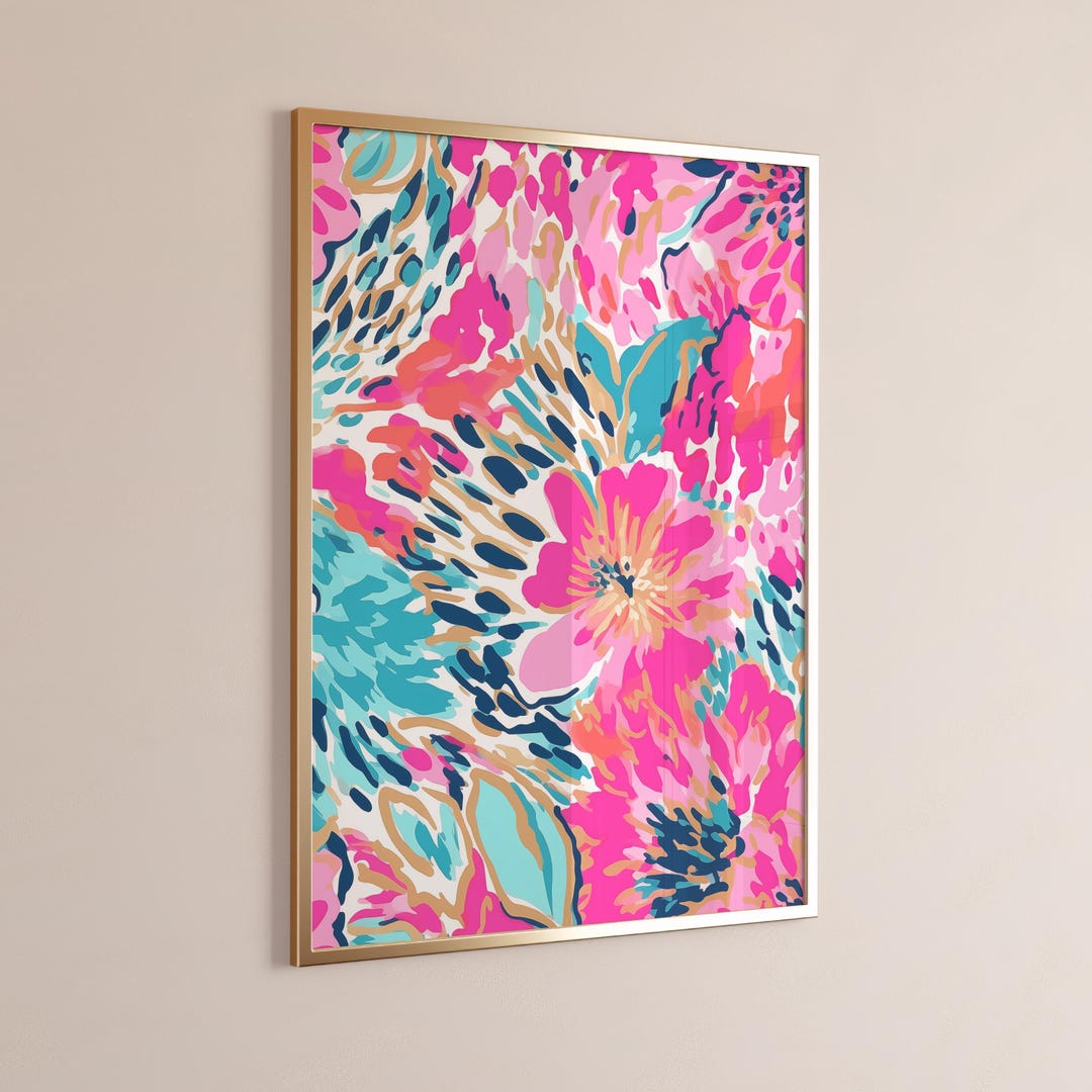Preppy Floral Artwork: Pink Blue Abstract Flower Wall Art Set of 1 ...