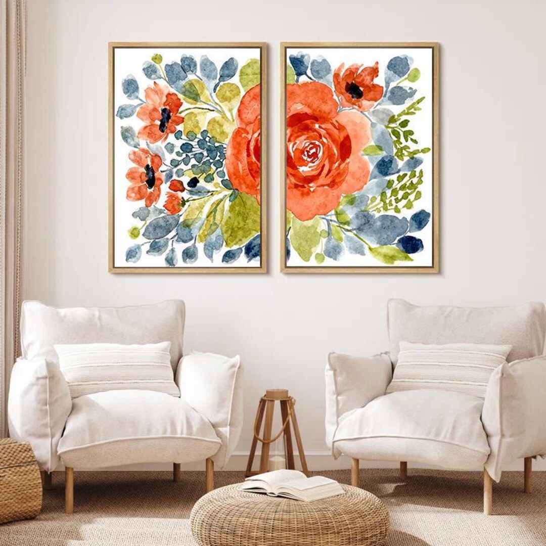 Navy Orange Floral Watercolor Wall Art - Bedroom Living Room Wall Decor ...