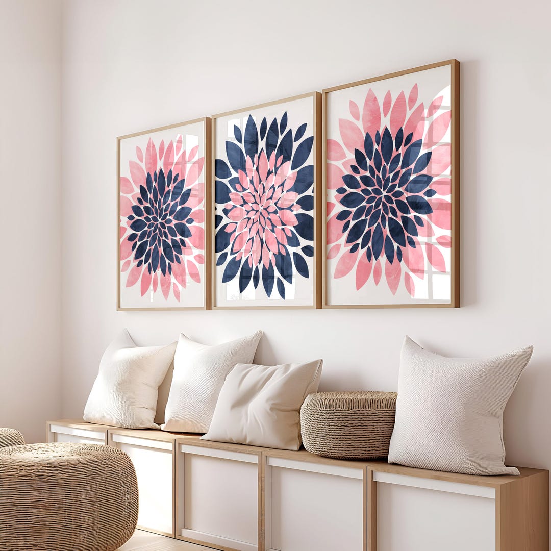 Navy Pink Flower Wall Decor - Flower Art - Pink Navy Blue Bedroom ...