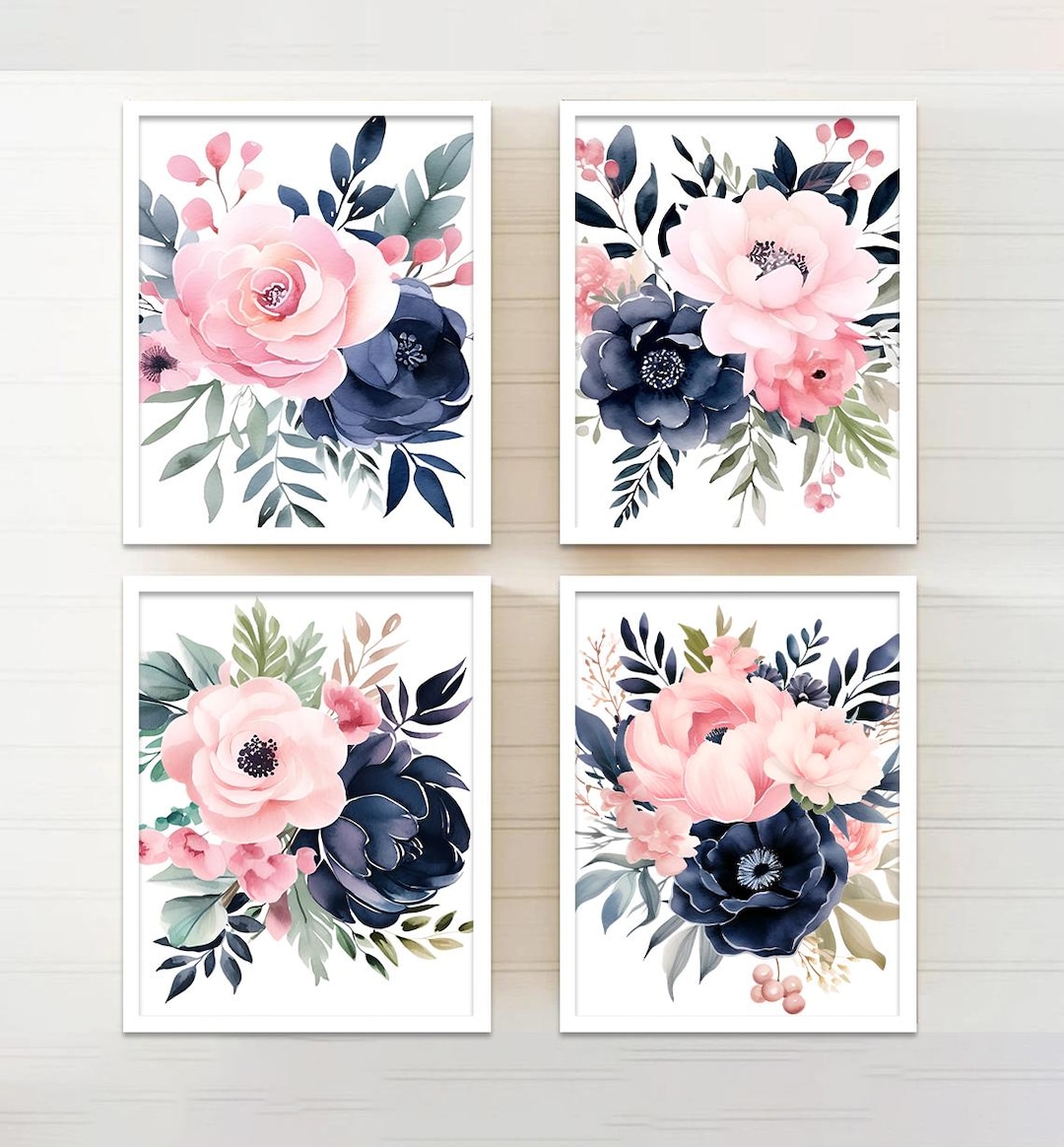 Navy Pink Flower Wall Art - Watercolor Flower Navy Pink Nursery Art ...
