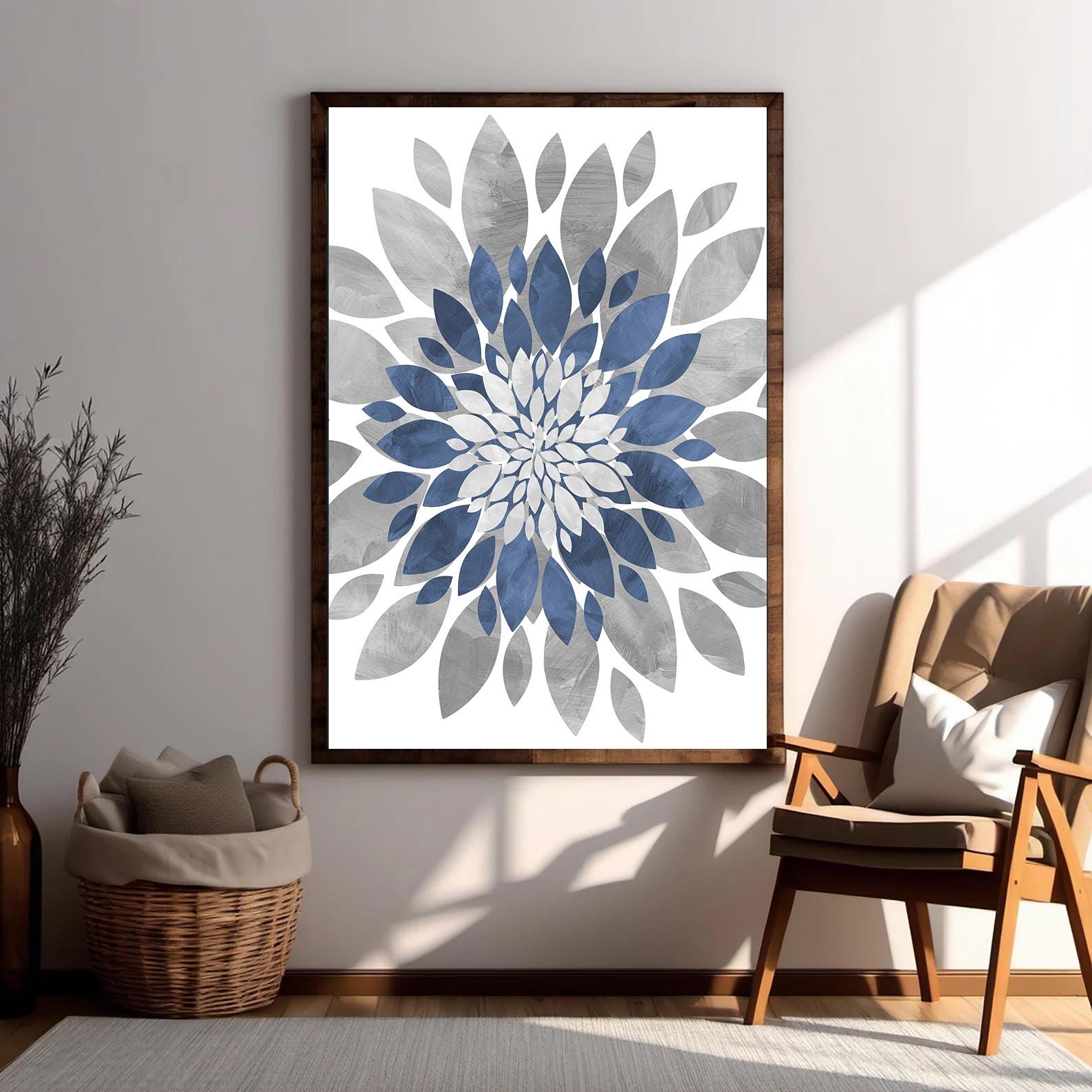Gray Blue Flower Wall Art - Flower Dahlia Petal - Gray Blue Bedroom ...