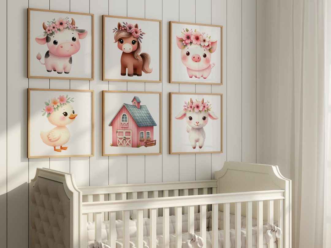 Girl Farm Animal Nursery Wall Art Set of 6 - Framed, Canvas, or Art ...