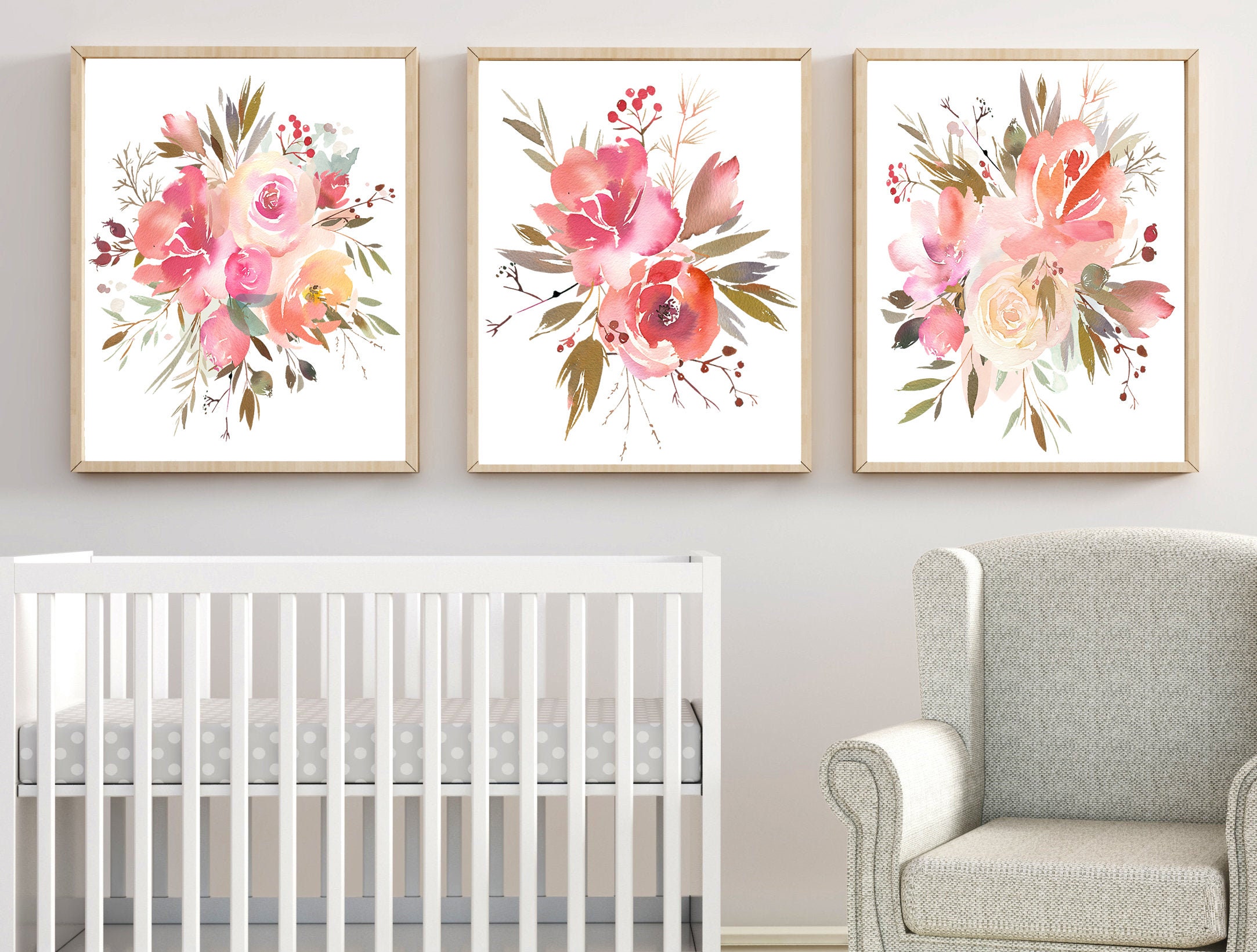 Watercolor Flower Wall Art Pink Coral Flower Art Prints or | Etsy
