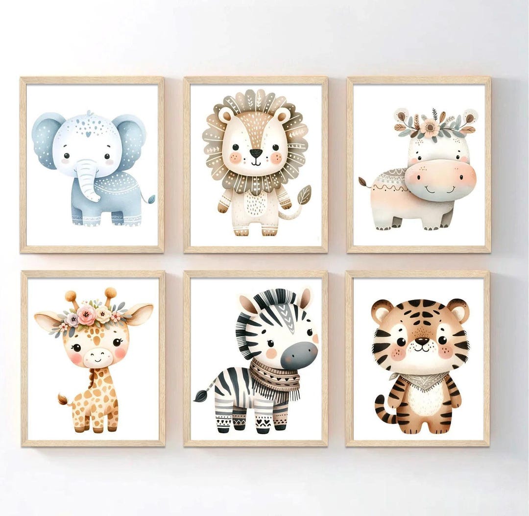 Boho Safari Animal Nursery Wall Art - Watercolor Jungle Animals Decor ...