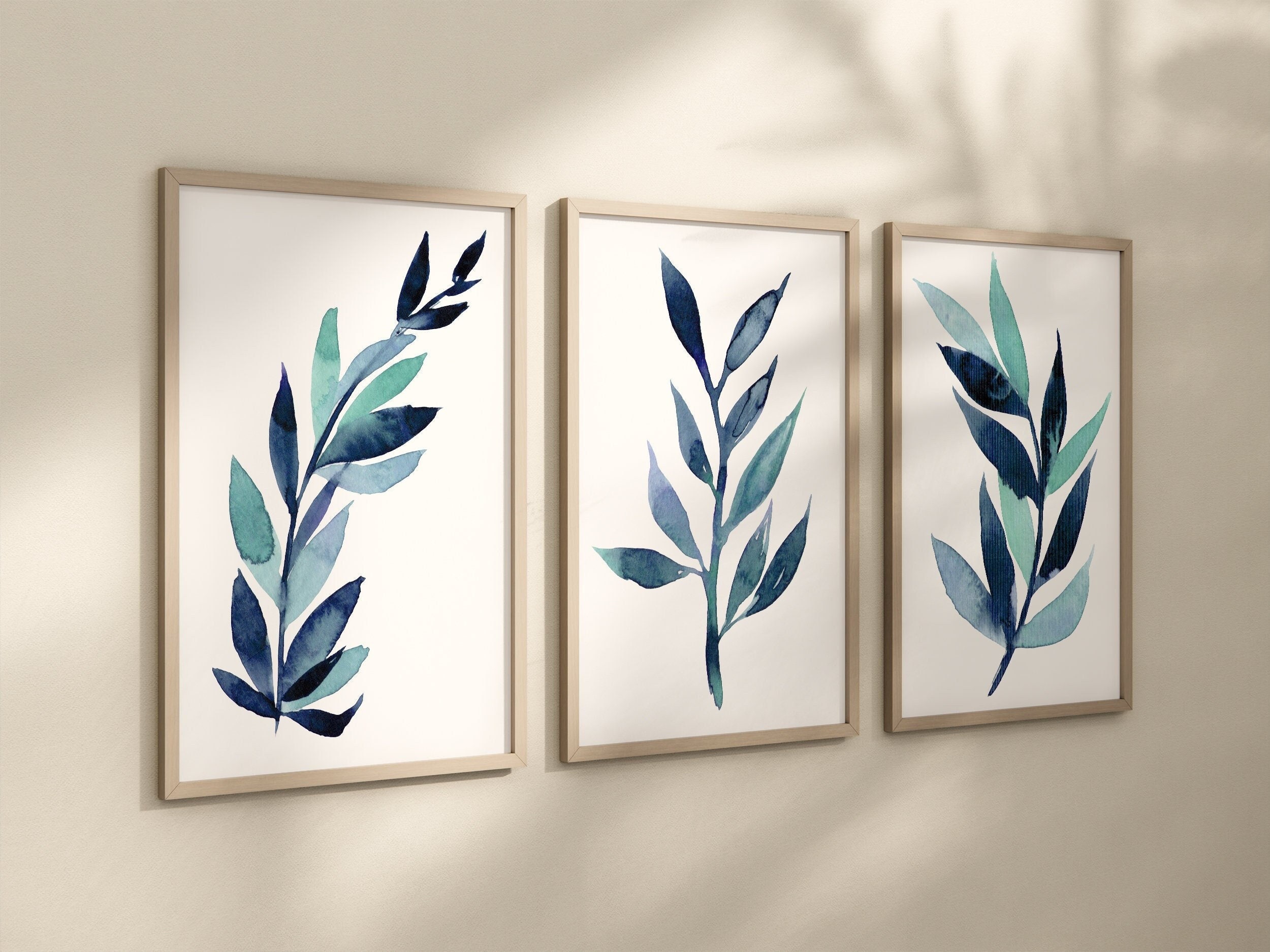 Blue Leaves Wall Art Tropical Leaf Art Print Framed Leaves Artwork Navy Blue Bathroom Wall Decor Navy Bedroom Pictures Sets of 3 Etsy