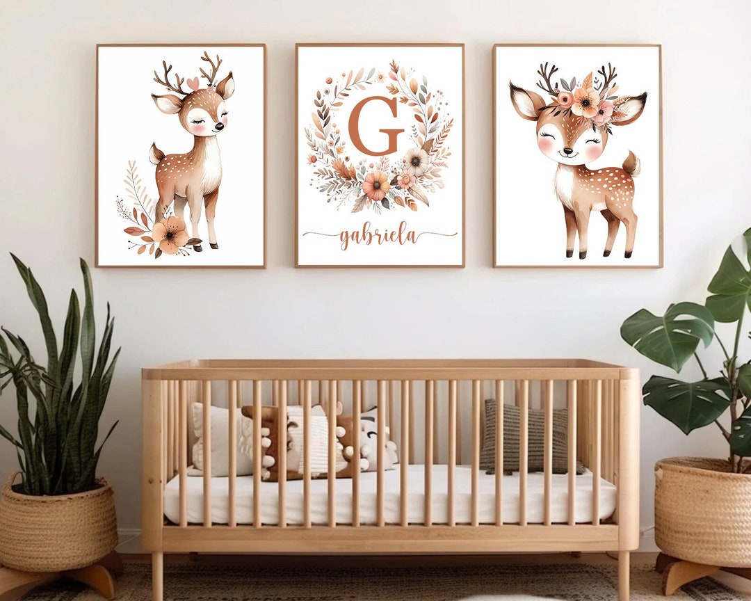 Woodland Deer Wall Decor - Boho Deer Nursery Art Print - Boho Floral ...