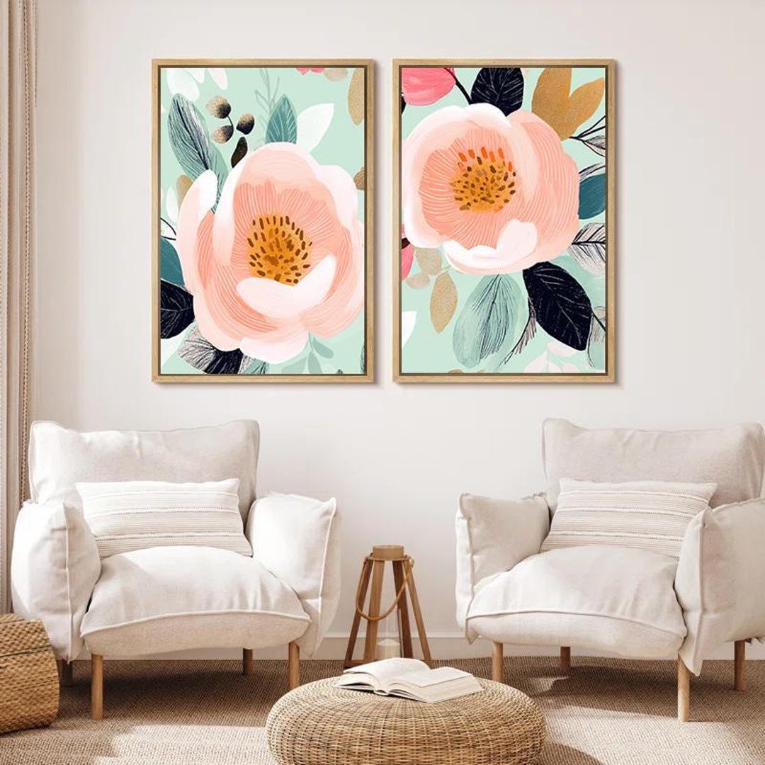 Framed Coral Mint Flower Wall Art - Large Floral Artwork Prints Set of ...