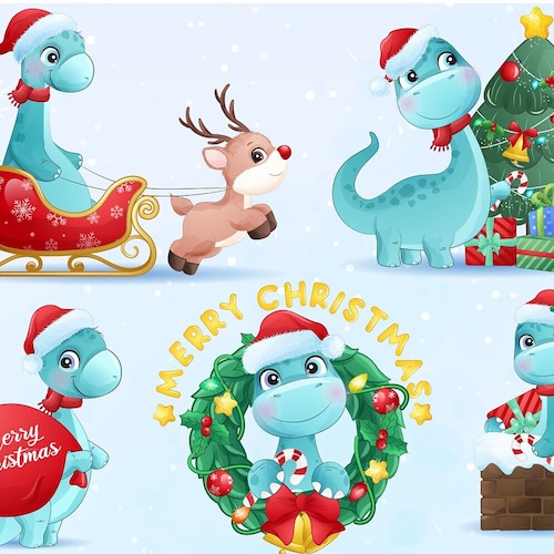 Cute Dinosaur for Merry Christmas Clipart With Watercolor - Etsy