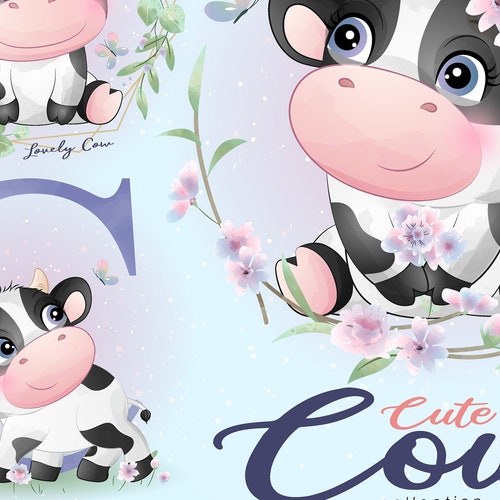 Cute Doodle Cow Clipart With Watercolor Illustration - Etsy