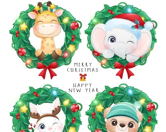 Cute Animals for Merry Christmas Clipart Set | Etsy