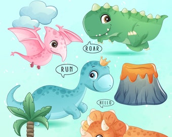 Cute Dinosaur Birthday Party Clipart With Watercolor | Etsy