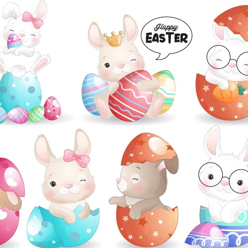 Cute Little Bunny Clipart Set With Watercolor Illustration - Etsy