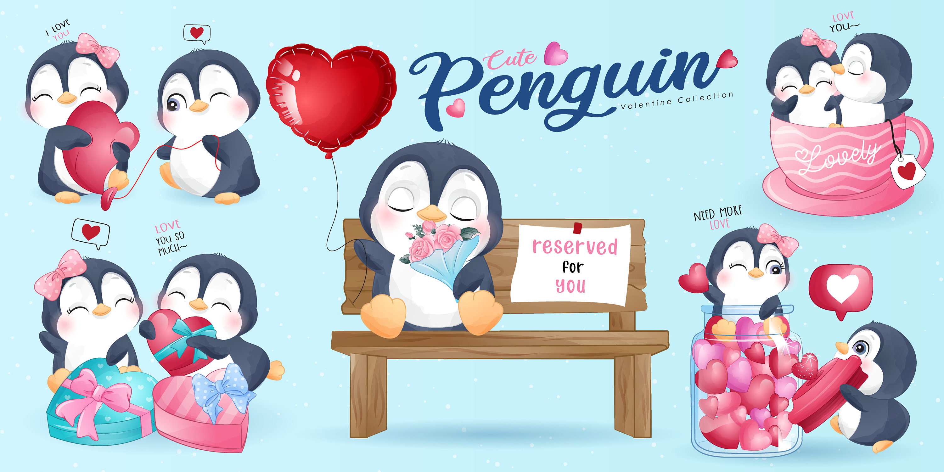 Cute Penguin for Valentines Day Clipart Set. - Etsy