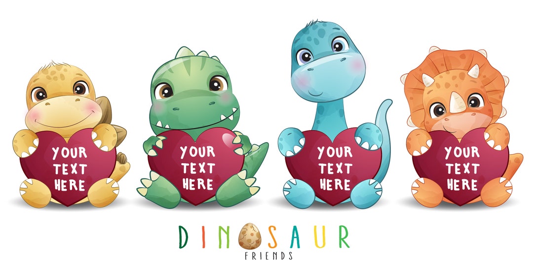 Doodle Dinosaurs Love Digital Clipart With Watercolor Illustration ...