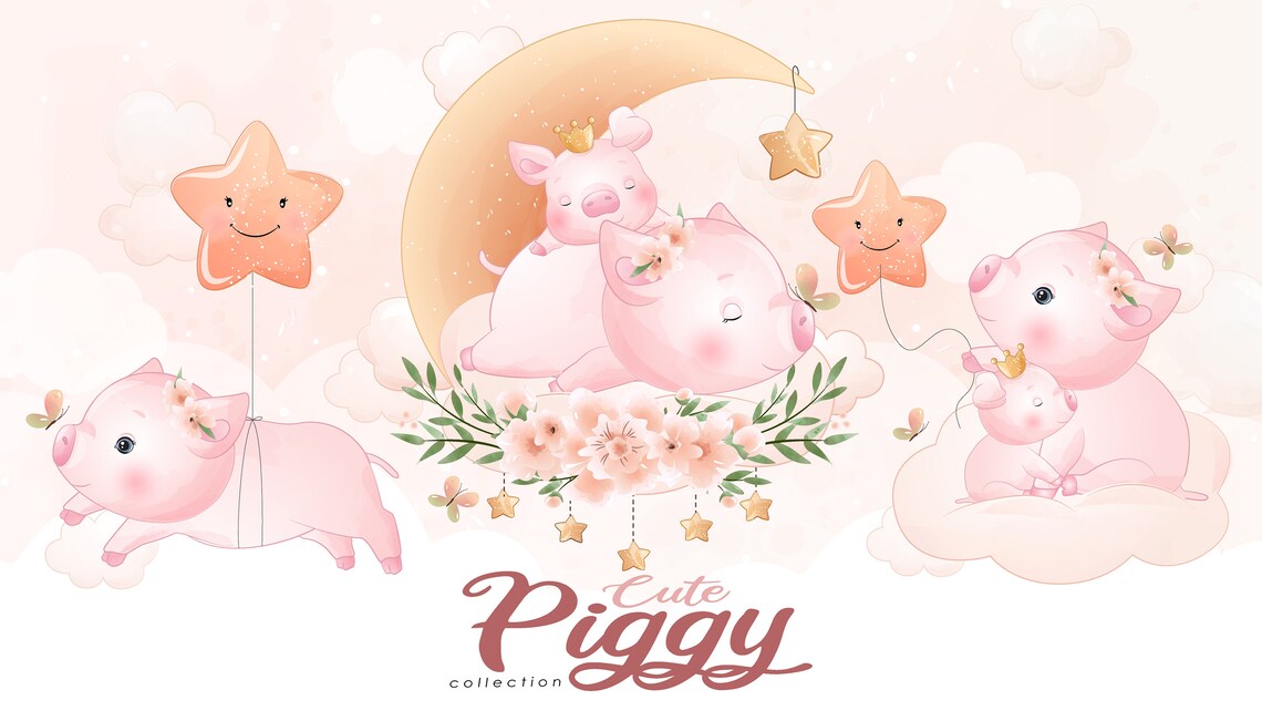Cute Piggy Clipart Set With Watercolor Illustration - Etsy