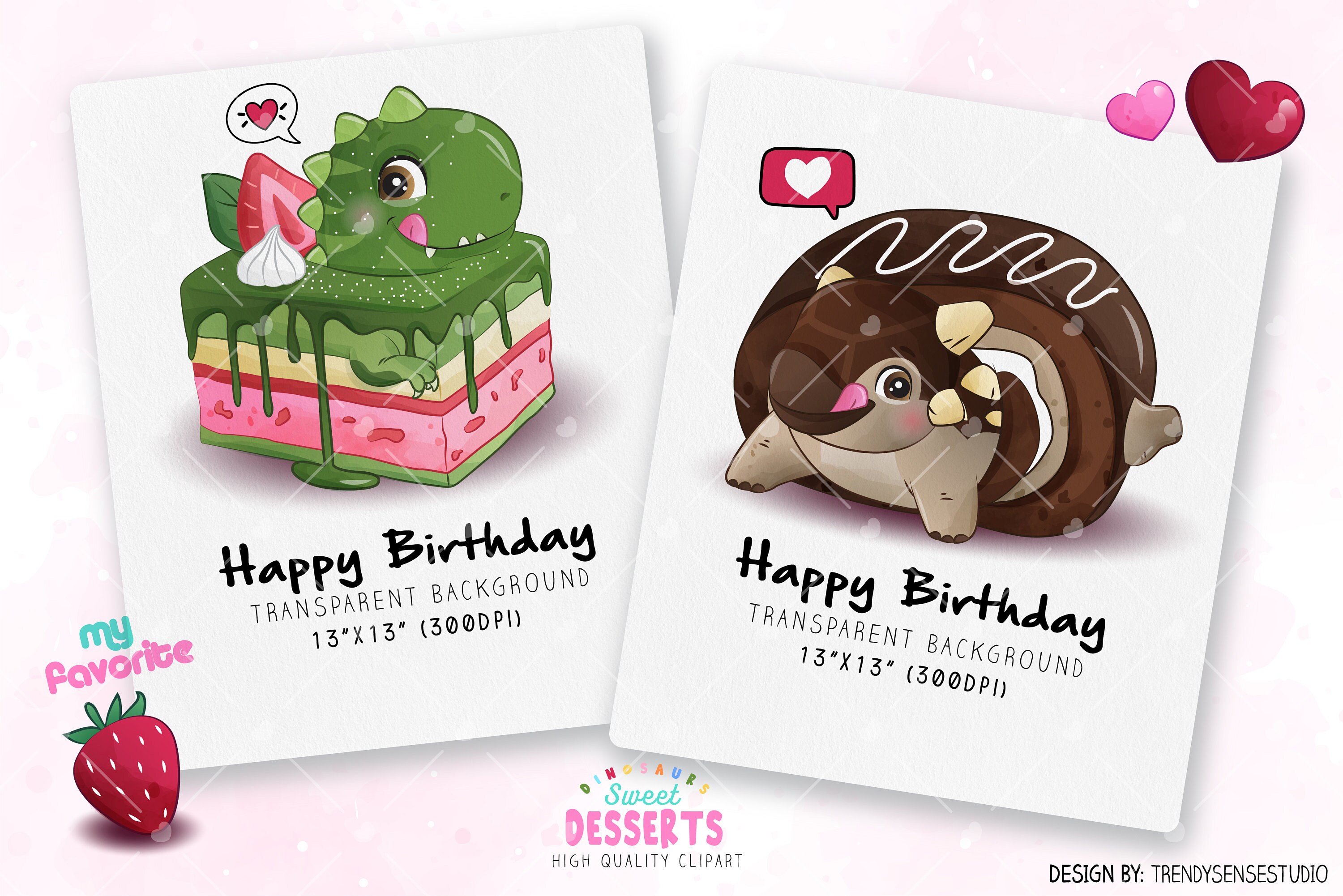 Doodle Dinosaurs Sweet Desserts Digital Clipart With Watercolor ...