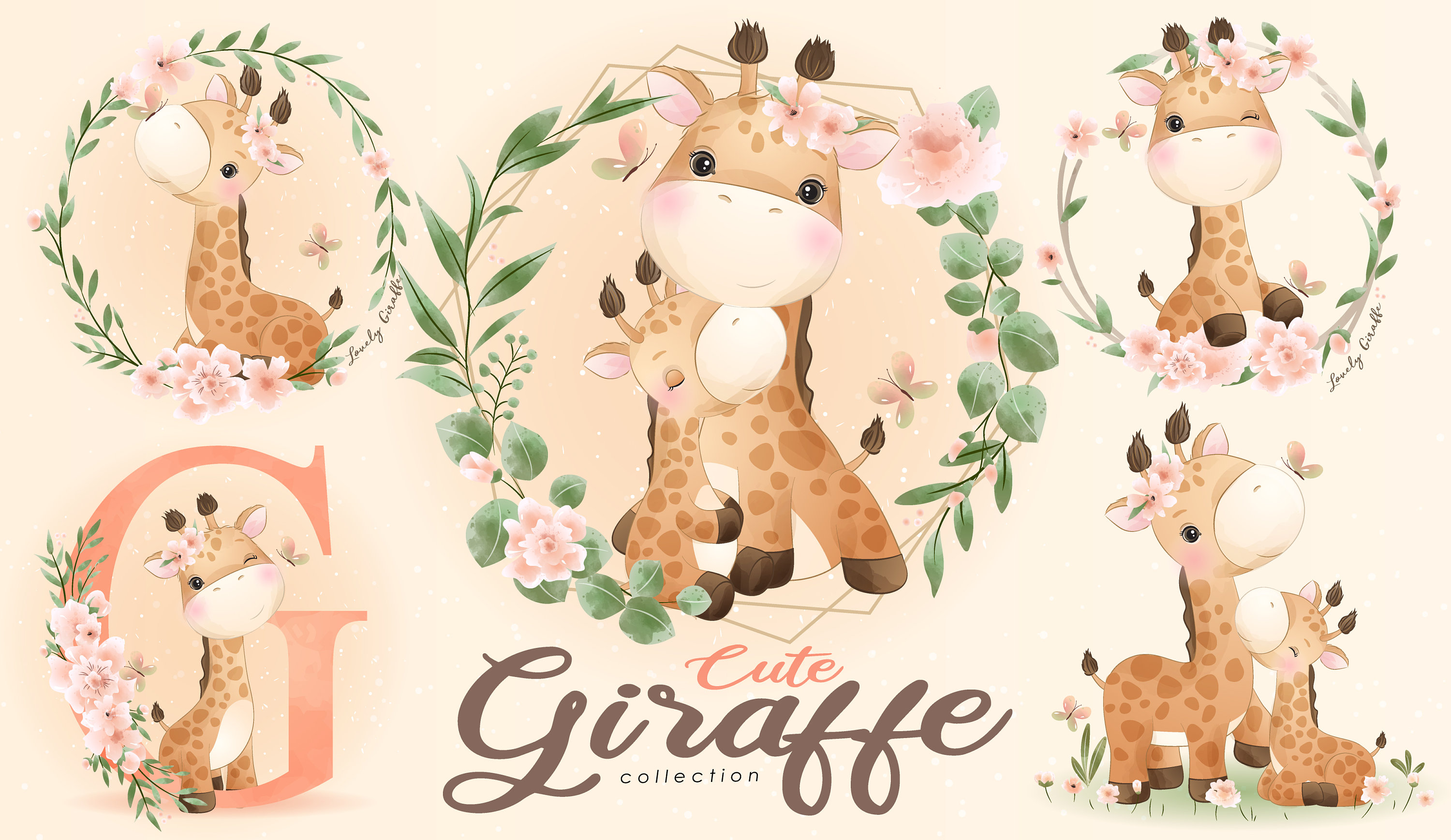 Cute Giraffe Clipart Set With Watercolor Illustration | Etsy