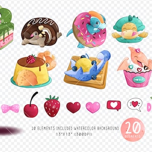 Doodle Dinosaurs Sweet Desserts Digital Clipart With Watercolor ...
