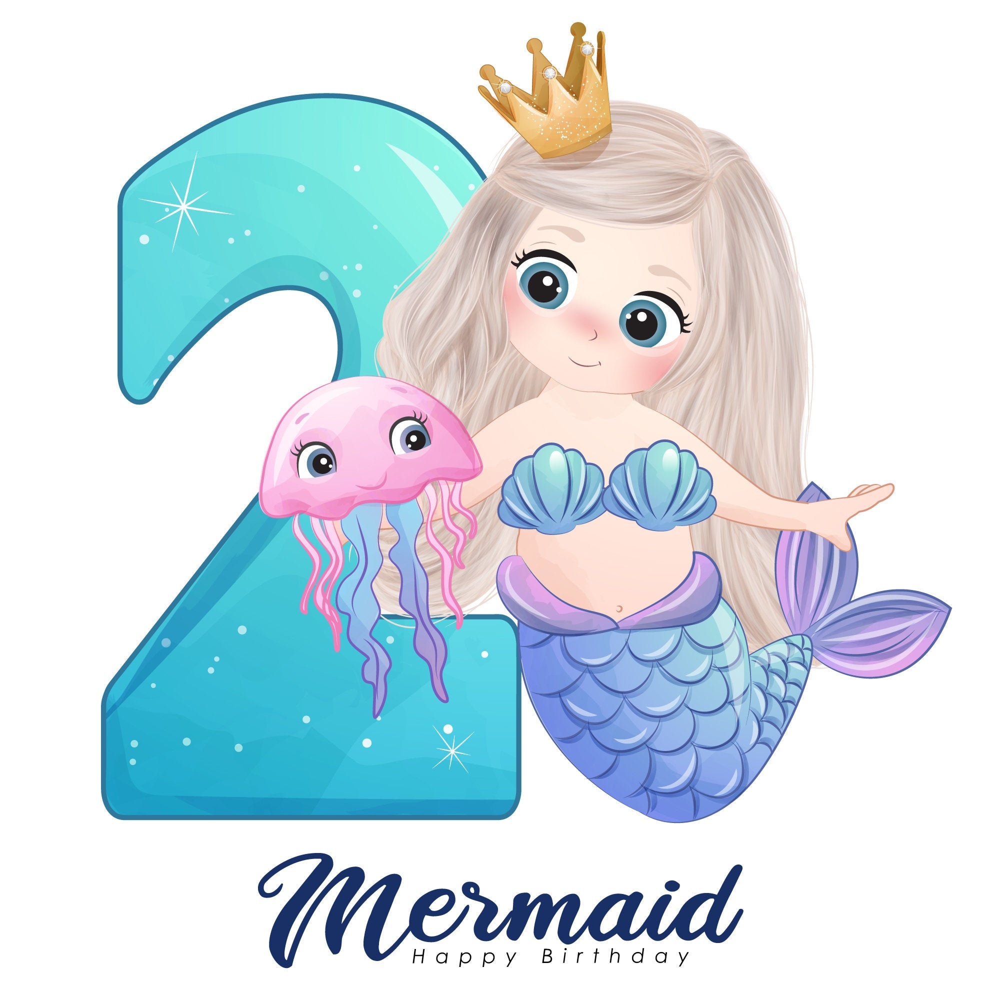 Cute mermaid with number 2 digital clipart | Etsy