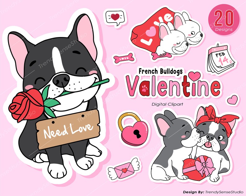 Doodle French Bulldogs Valentine Collection Digital Clipart Bundle ...
